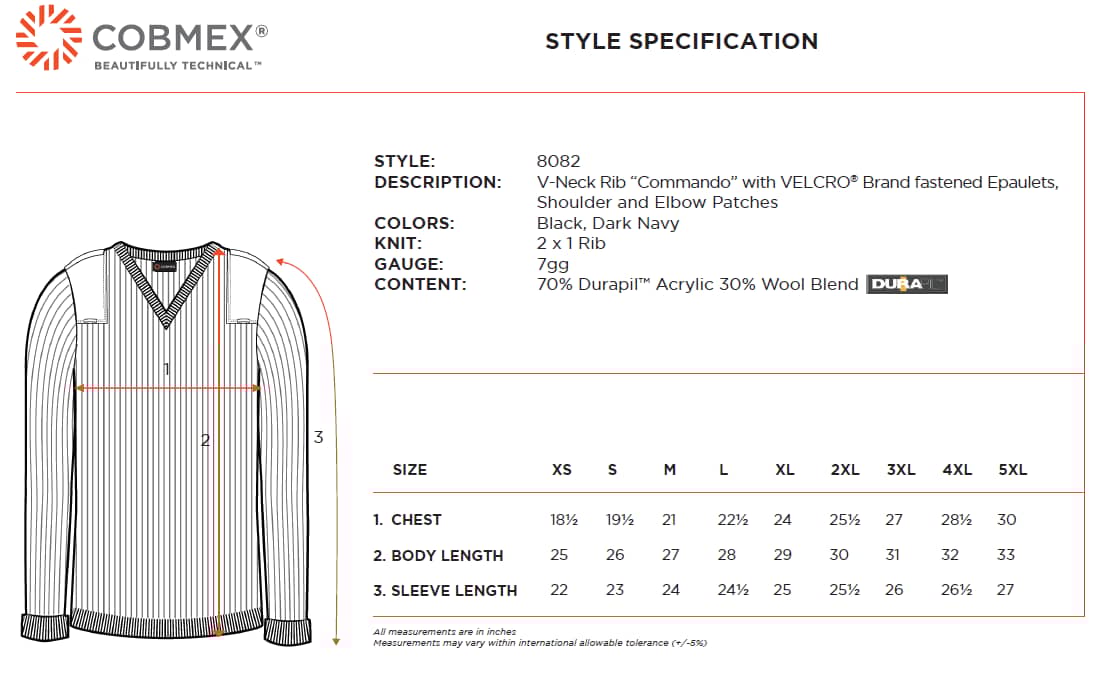 Cobmex Unisex V-Neck Rib "Commando" | Galls