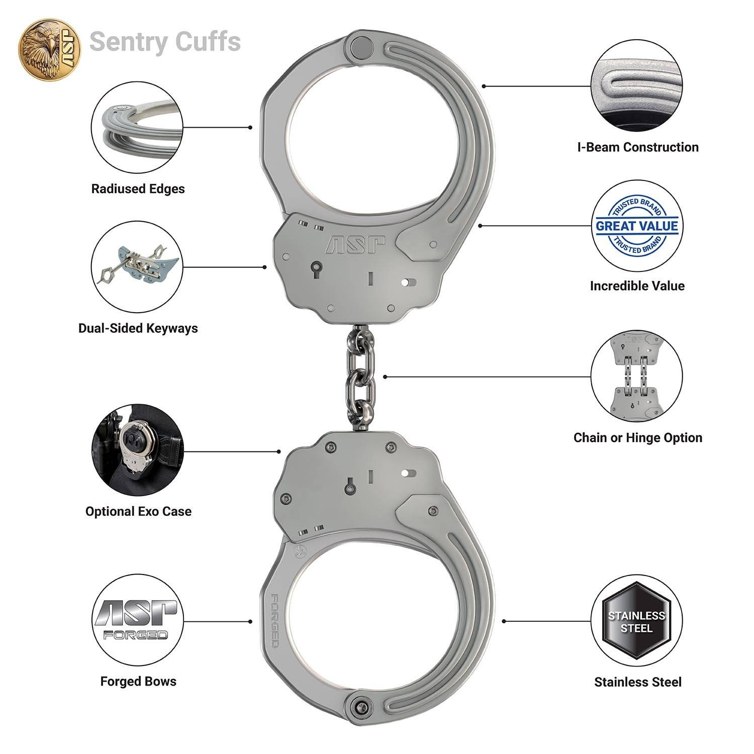 ASP Sentry Cuffs, Chain (Steel Bow) | Police Handcuffs